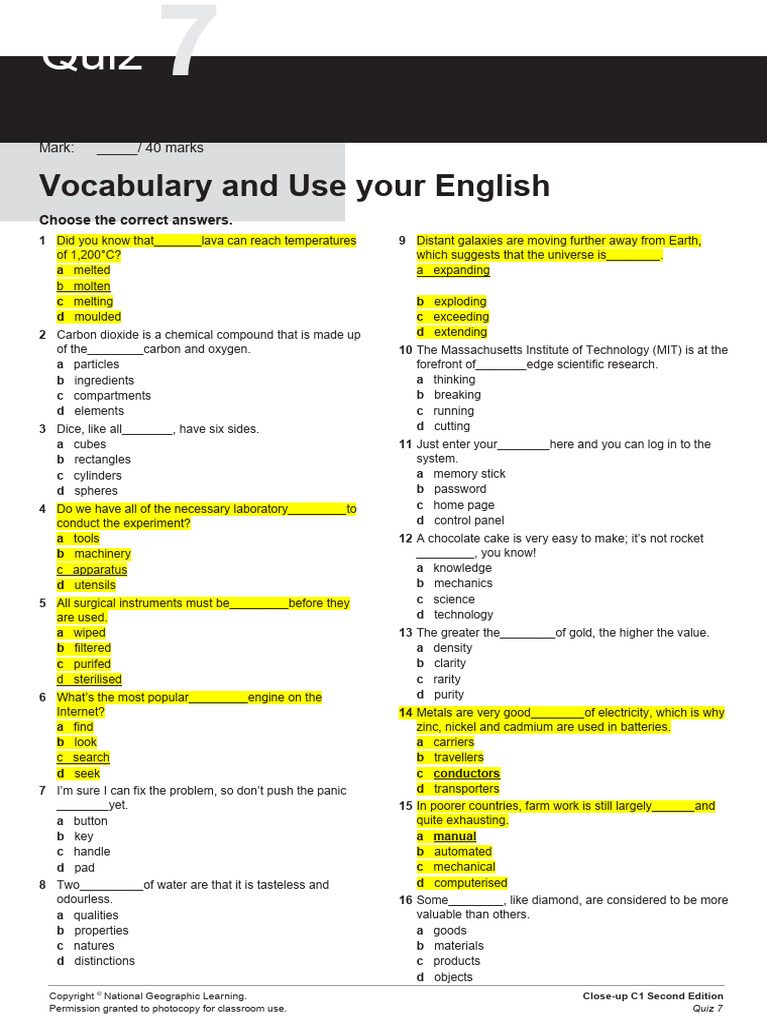 C1 Editable Quiz 7 - 0 | PDF | Physical Sciences | Chemistry