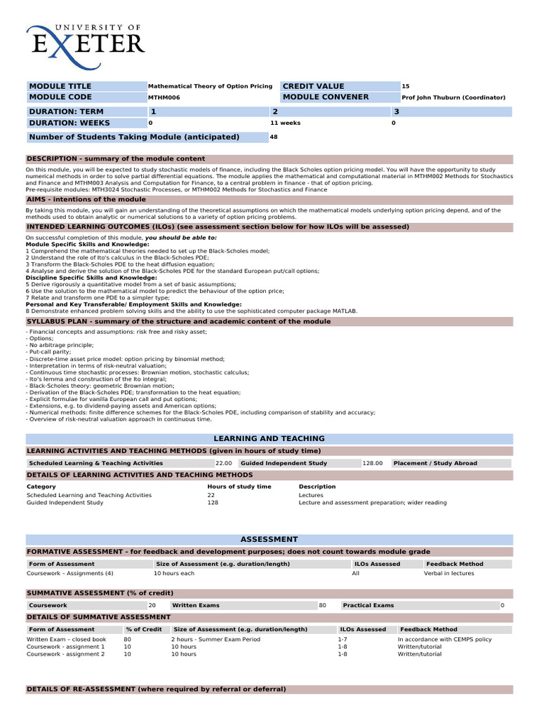 Module MTHM006 (2023) Mathematical Theory of Option Pricing | PDF ...
