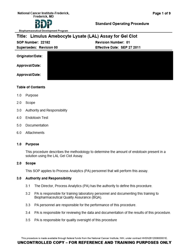 Limulus Amebocyte Lysate (LAL) Assay For Gel Clot | PDF | Chemistry ...