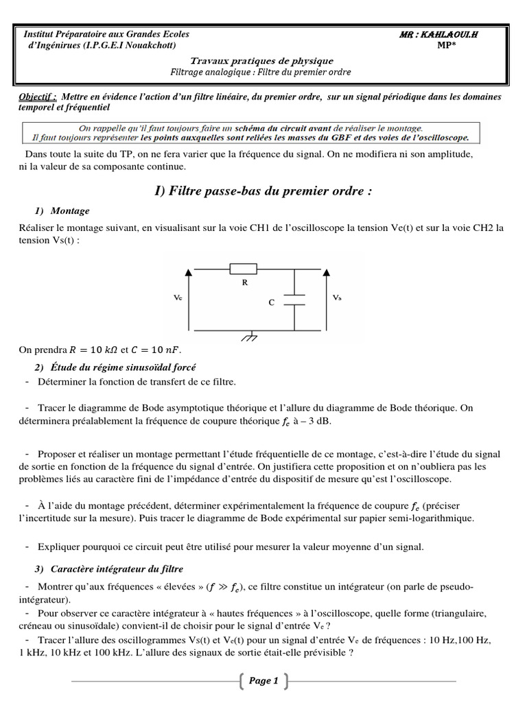 TP 3 Filtrage 1er Ordre | PDF