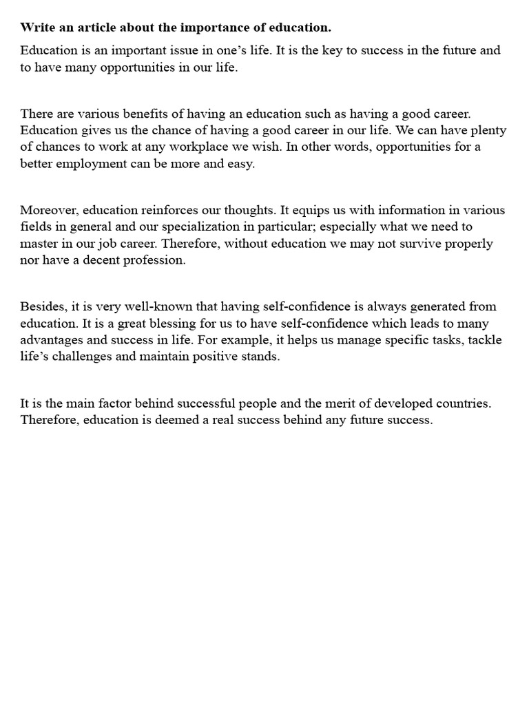 Write An Article About The Importance of Education | PDF