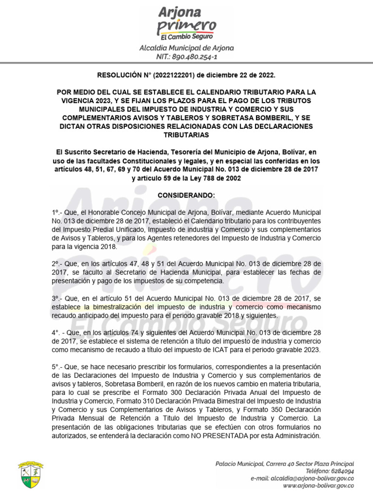 2.calendario Tributario 2023 Municipio de Arjona | PDF | Impuestos | Gobierno
