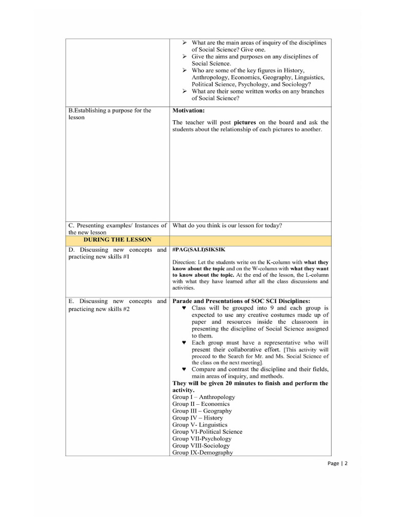 Lesson Plan Disciplines or Branches of Social Sciences 2 2048 | PDF