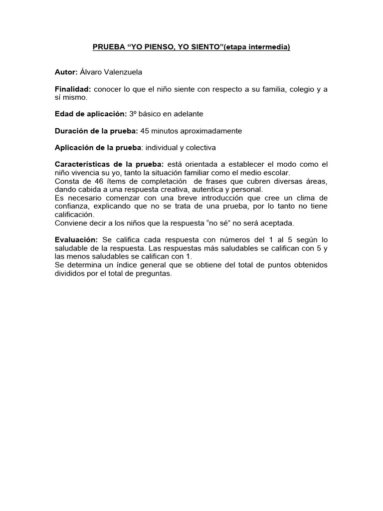 Prueba Yo Pienso, Yo Siento | PDF