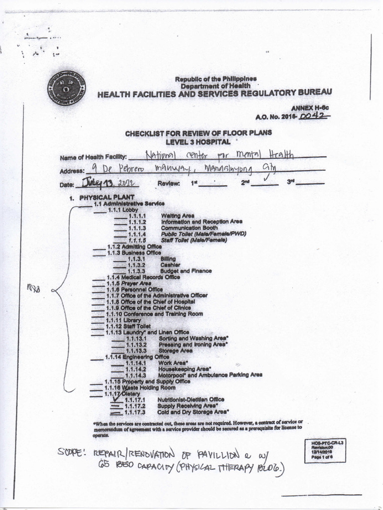 HFSRB_Checklist for Review of Floor Plans Level 3 Hospital.l | PDF