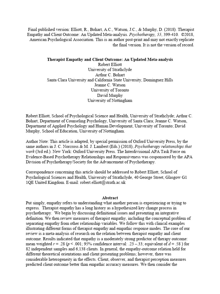 Empathy and Client Outcome | PDF | Psychotherapy | Empathy Empathy and Client Outcome | PDF | Psychotherapy | Empathy