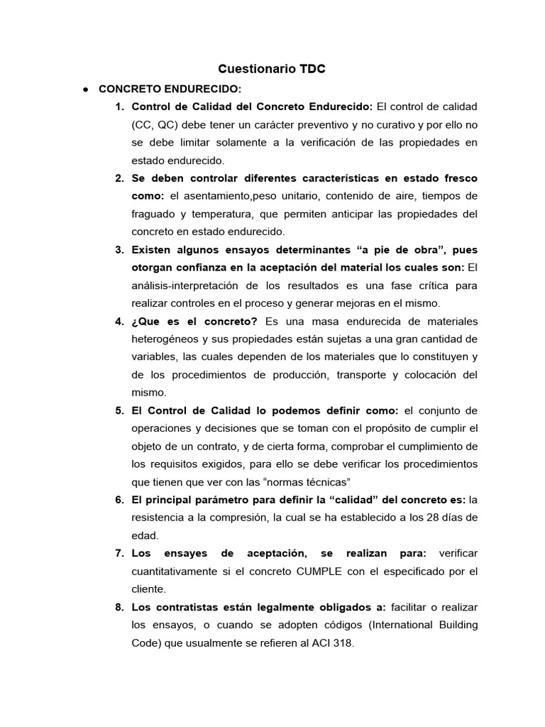 Cuestionario TDC | PDF | Hormigón | Cemento