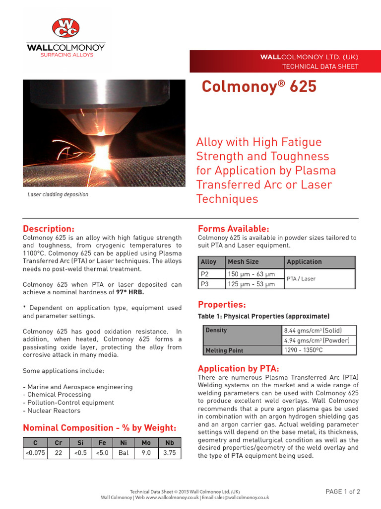 Hoja Tec WCL - Colmonoy 625 - TDS | PDF | Construction | Welding