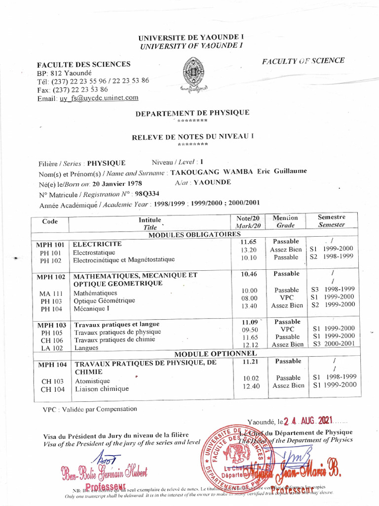 Relevé de Notes 1 Licence | PDF
