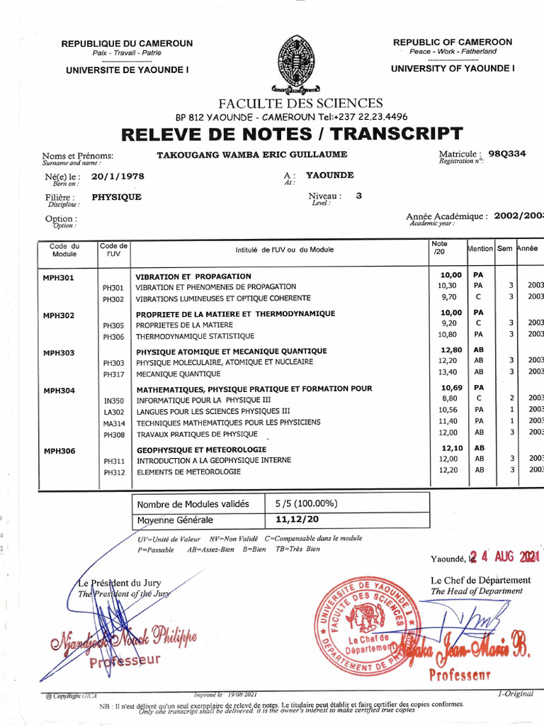 Relevé de Notes 3 Licence | PDF