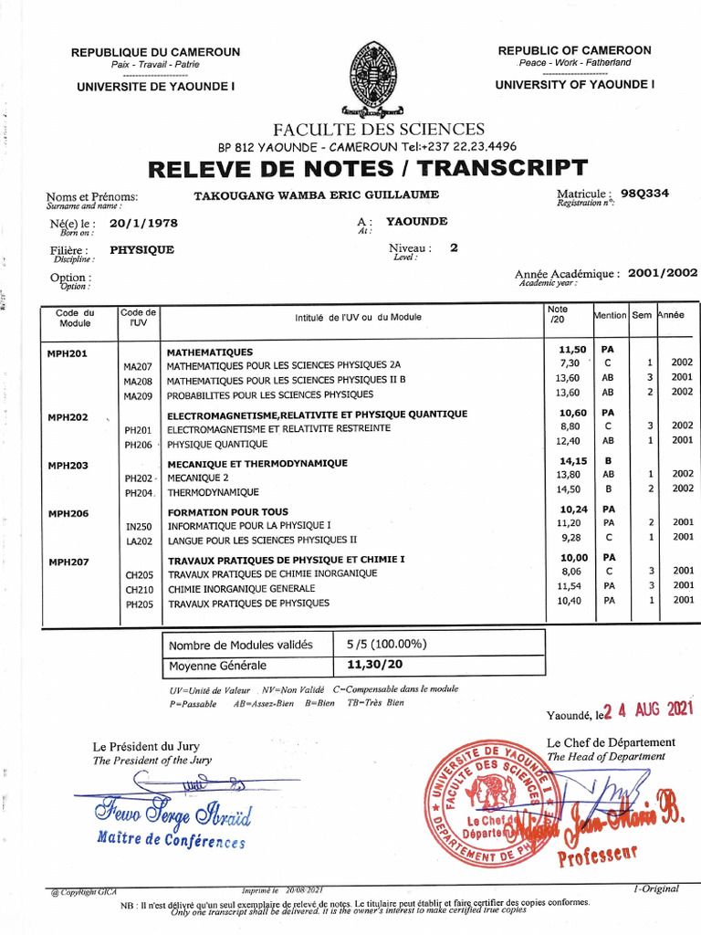 Relevé de Notes 2 Licence | PDF