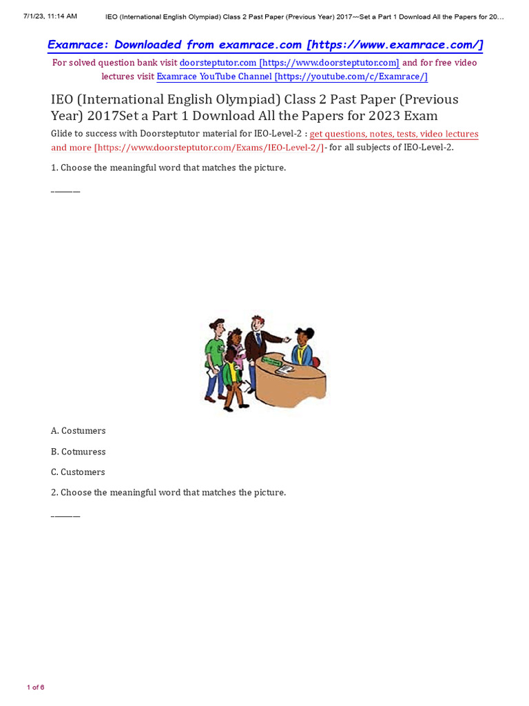 IEO Class 2 Paper 2017 Set A Part 1 | PDF