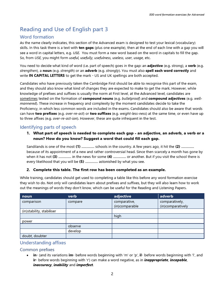 500 Word Formation Exercises For Advanced - 1 | PDF | Part Of Speech | Verb