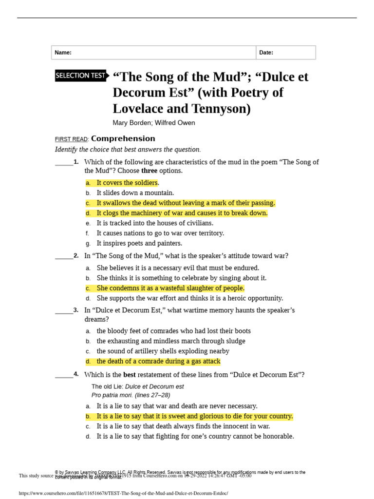 TEST The Song of The Mud and Dulce Et Decorum Est | PDF