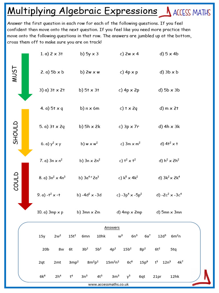 Multiplying Algebraic Expressions Worksheet MSC | PDF