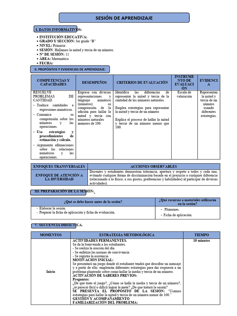 Sesión de Aprendizaje N°11 - Hallamos La Mitad y Tercia de Un Número - Matemática | PDF ...