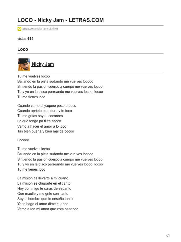 LOCO - Nicky Jam - LETRASCOM | PDF