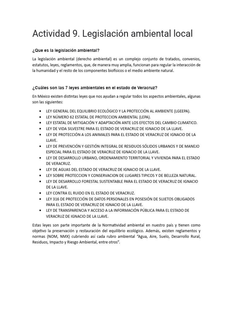 Actividad 9. Legislación Ambiental Local | PDF | Entorno natural ...