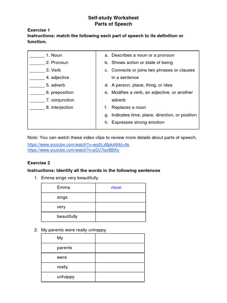 Self-Study Worksheet - Parts of Speech | PDF