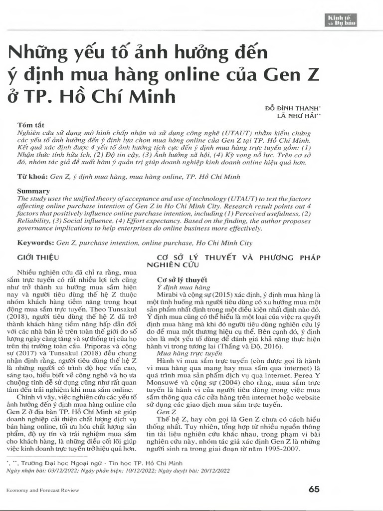 Những Yếu Tố Ảnh Hưởng Đến ý Định Mua Hàng Onl Của Gen Z Tại TPHCM | PDF
