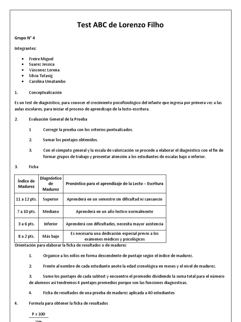 Test ABC de Lorenzo Filho: Guía y Resultados | PDF | Prueba (evaluación ...