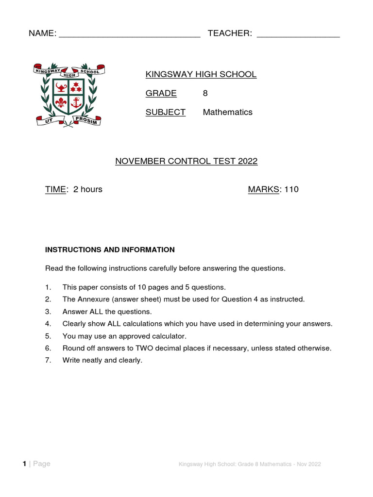 Grade 8 Math Year End 2022 | PDF