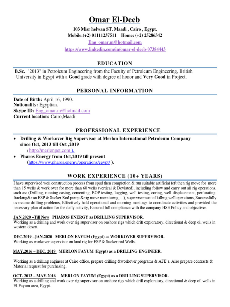 Omar Drilling Supervisor CV. | PDF
