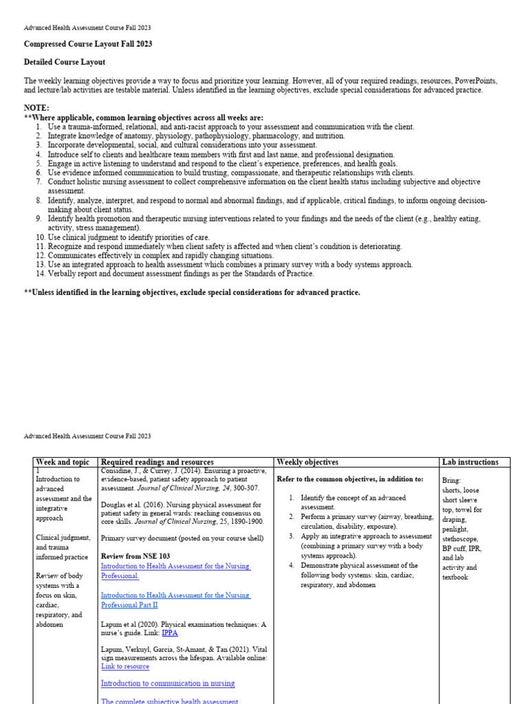 Final - FALL 2023 - NSE203 Weekly Outline - Advance Health Assessment Fall 2023 | Download Free ...