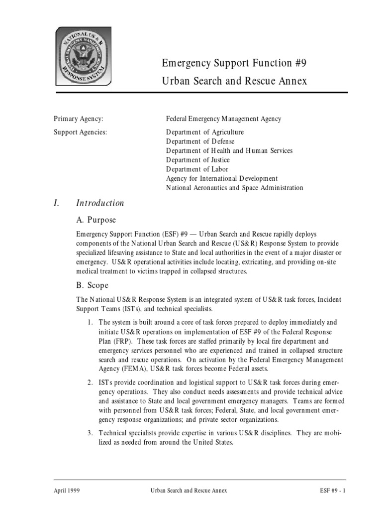 Emergency Support Function #9 Urban Search and Rescue Annex: A. Purpose ...