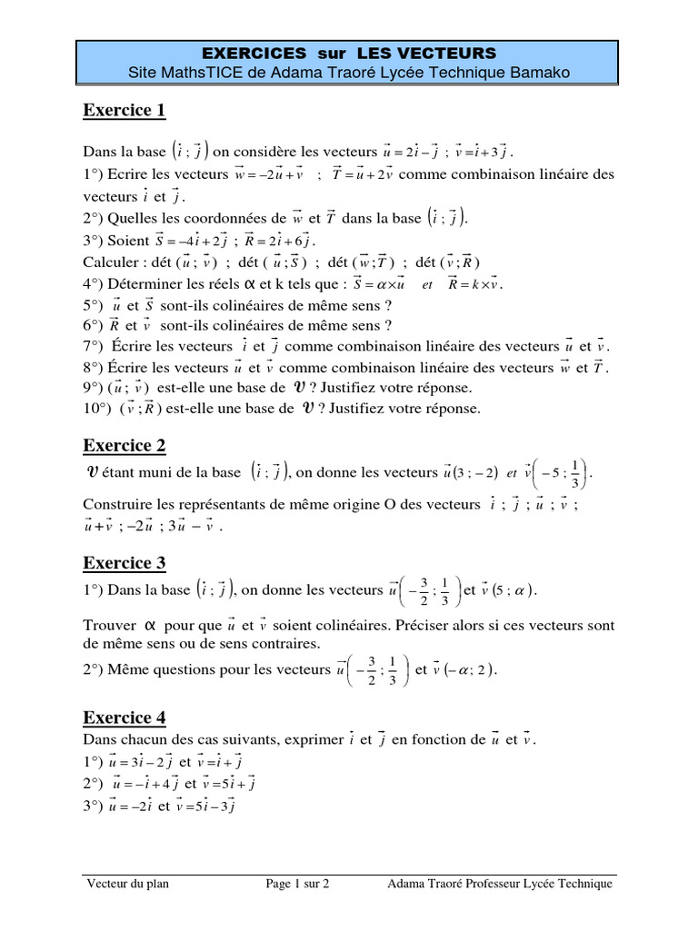 Exercices corrigés sur les vecteurs | PDF | Base (algèbre linéaire ...