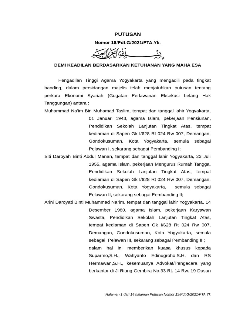 Putusan: Nomor 15/Pdt.G/2021/PTA - Yk | PDF