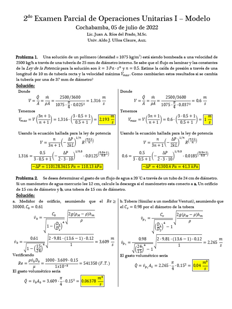 Examen 2do Parcial de Operaciones Unitarias I I-2022 | PDF