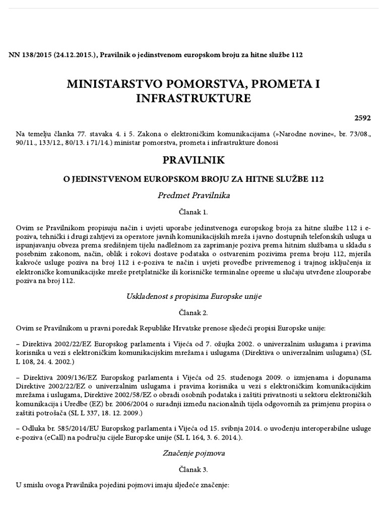 Pravilnik o jedinstvenom europskom broju za hitne službe 112 | PDF