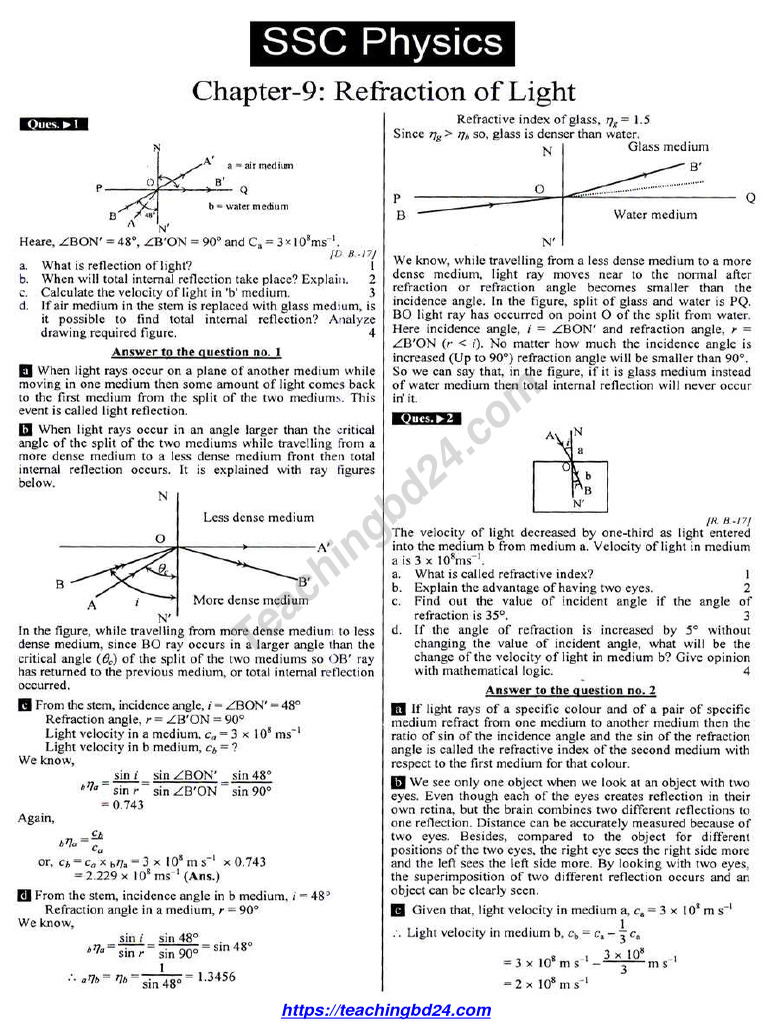 SSC English Version Physics Note Chapter 9 Refraction of Light | PDF ...