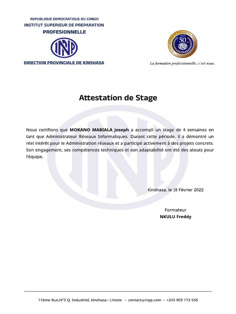 Attestation de Stage en Informatique | PDF