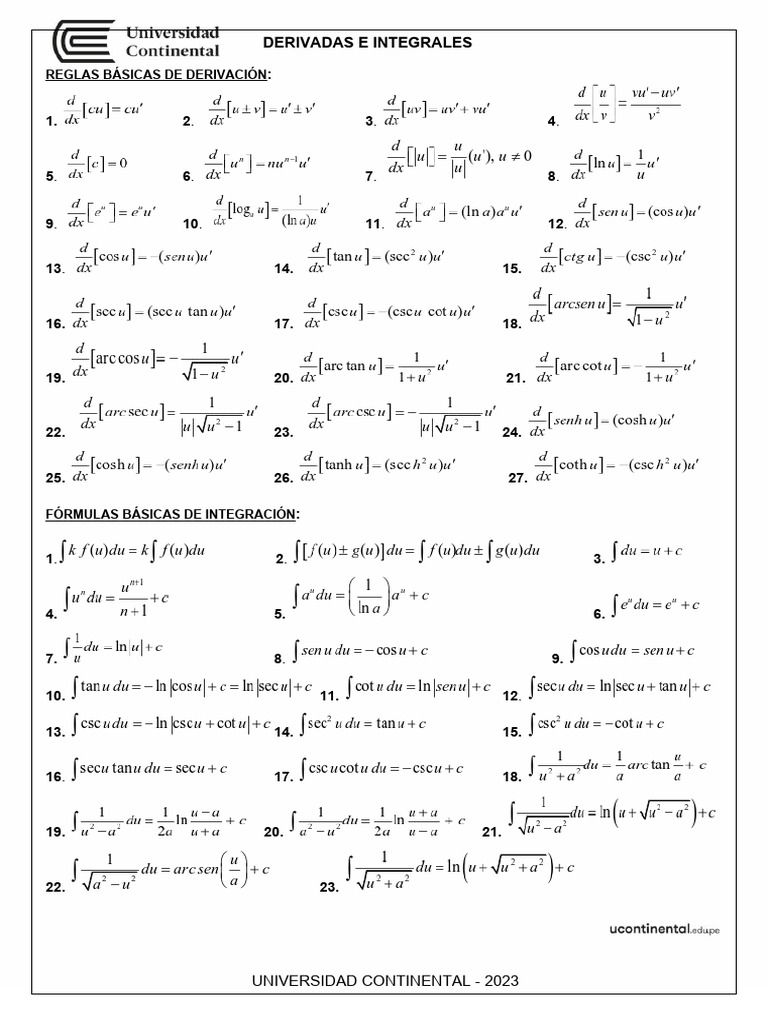 FÓRMULAS DE DERIVADAS e INTEGRALES | Descargar gratis PDF | Integral | Matemáticas