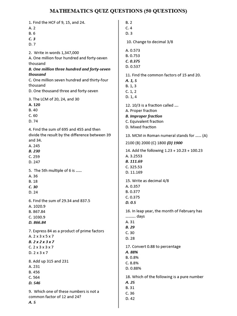 Mathematics Quiz | PDF