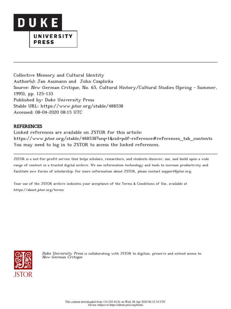 Jan+Assmann Collective+Memory | PDF | Memory | Knowledge