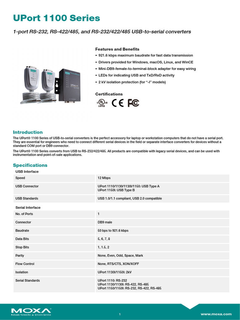 Moxa Uport 1100 Series Datasheet v1.0 | PDF | Physical Layer Protocols ...