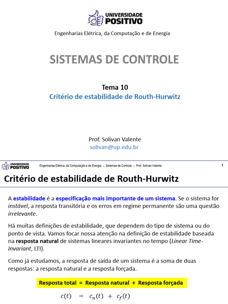Aula SC - Tema 10 - Critério de Estabilidade de Routh-Hurwitz | PDF ...