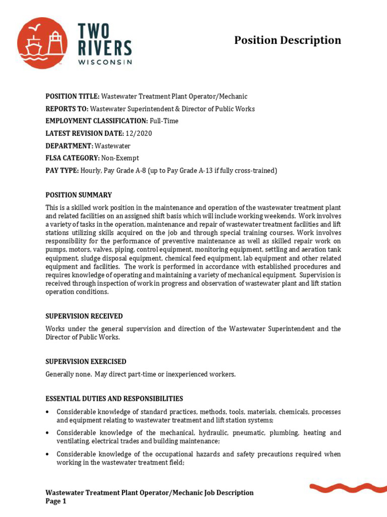 Wastewater Treatment Plant Mechanic-Operator-Two Rivers | PDF | Pumping ... Wastewater Treatment Plant Mechanic-Operator-Two Rivers | PDF | Pumping ...