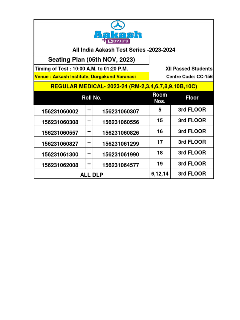 AIATS Seating Plan RM - 2,3,4,6,7,8,9,10B, 10C | PDF