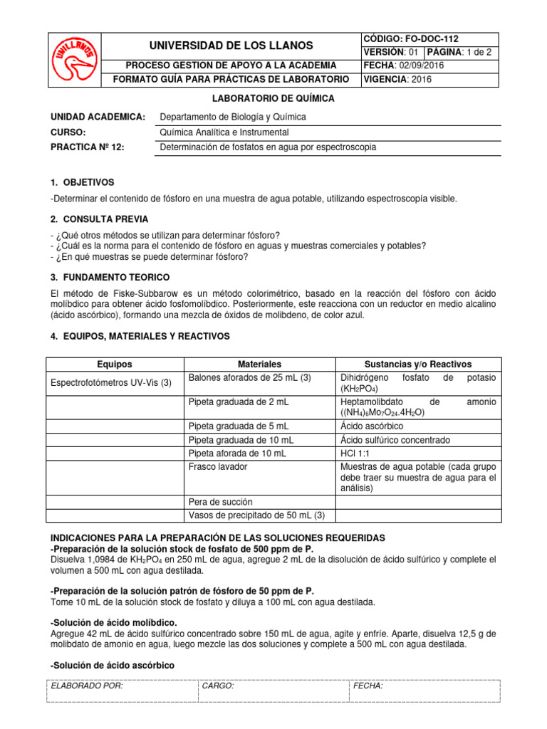 Práctica 12 Determinación De Fosfatos En Agua Por Espectroscopia Pdf