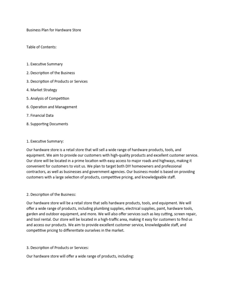 Business Plan For Hardware Store | PDF | Hardware Store | Marketing