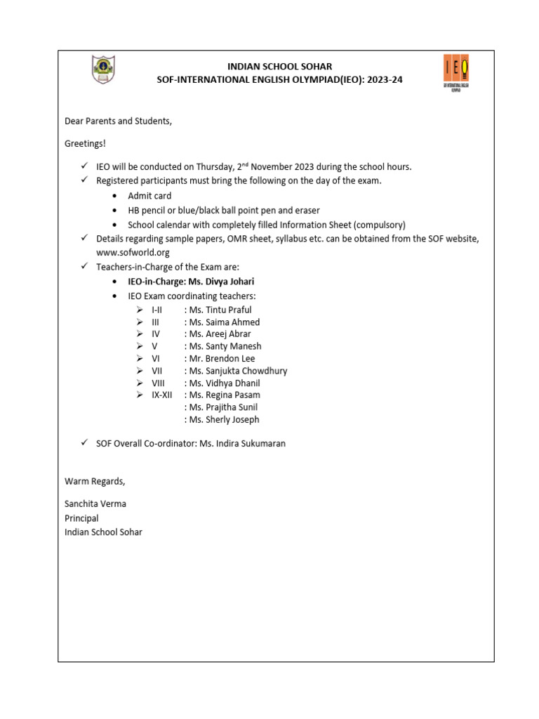 IEO Exam Details for 2023-24 | PDF | Writing Implements