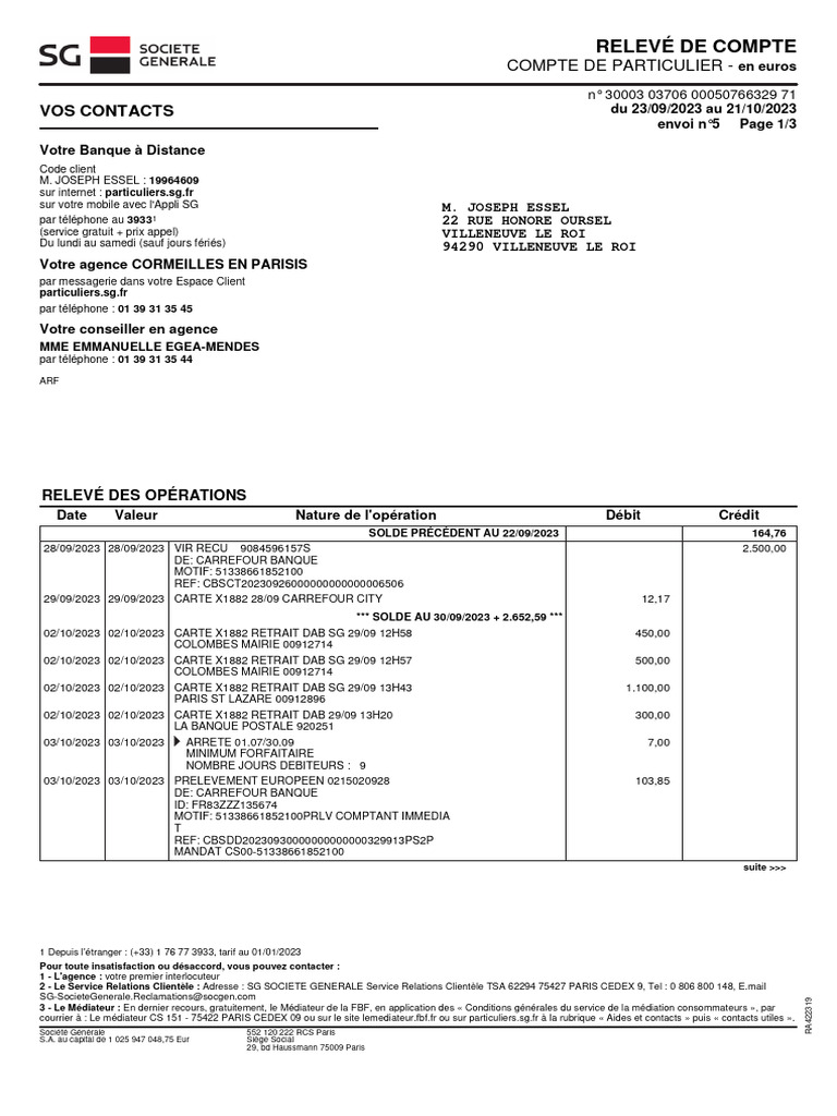 Relevé de compte Société Générale 09/2023 | PDF | Guichet automatique ...
