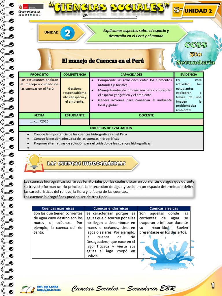 Ficha de Actividad CCSS 5°-Semana 2.0 | Descargar gratis PDF | Cuenca de drenaje | Río