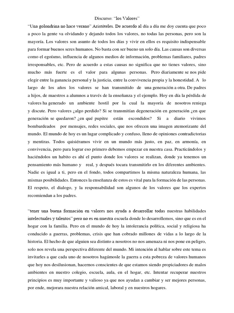 Discurso LOS VALORES | PDF
