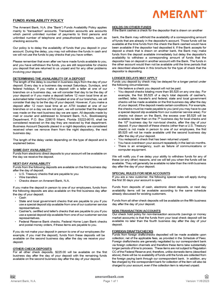 Amerant - Funds-Availability-Policy | PDF | Cheque | Deposit Account