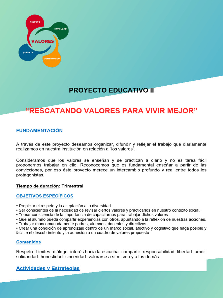 Proyecto Valores Educativos Trimestral | PDF | Enseñando | Salón de clases